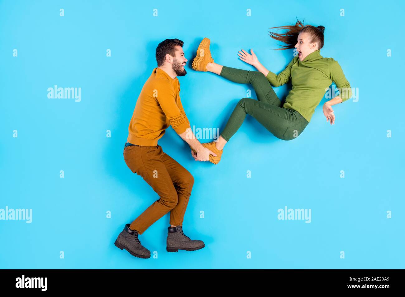 Profile side top above high angle view full length body size photo of ...