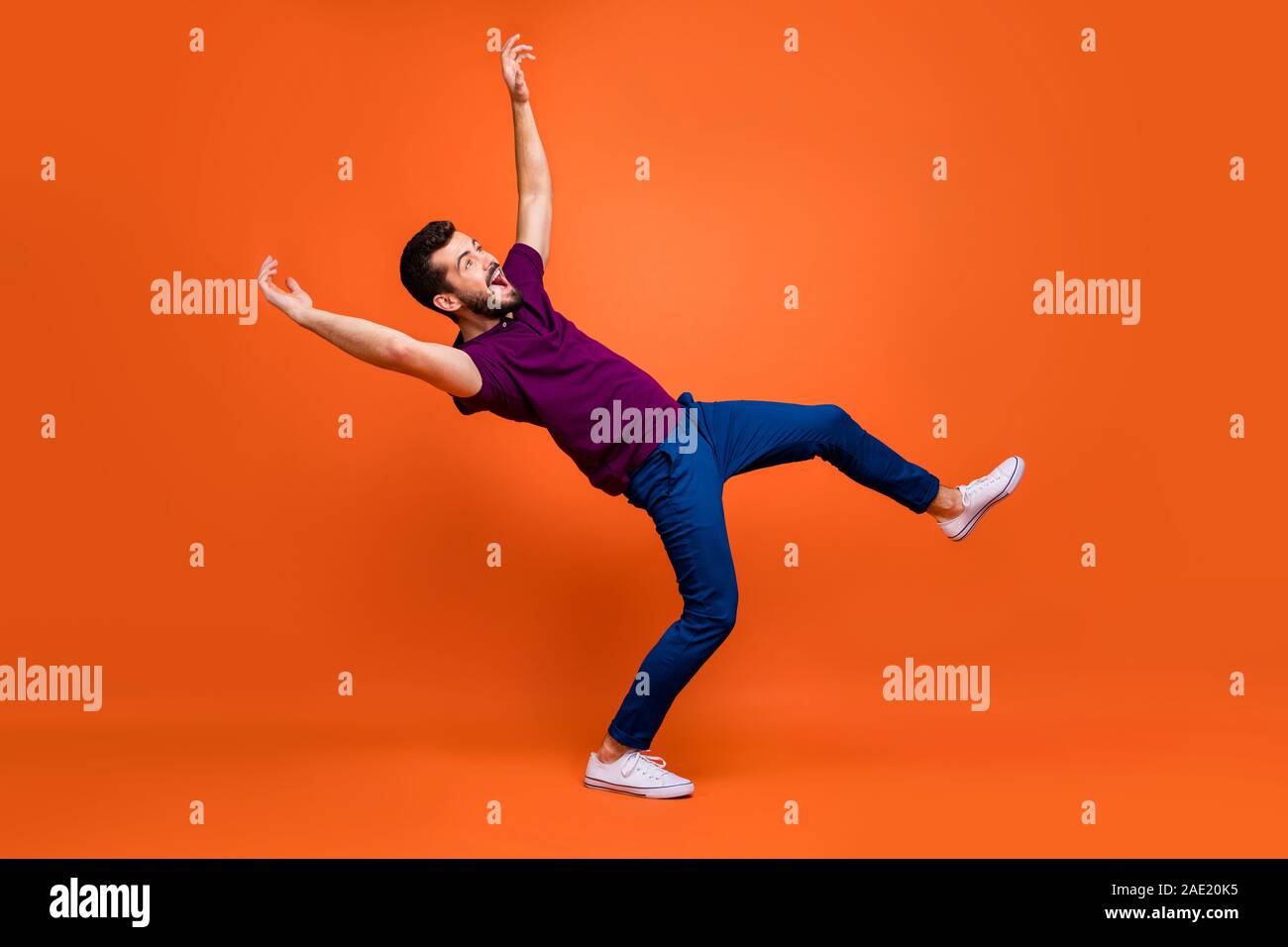 Side profile full length body size of confused man falling down being ...