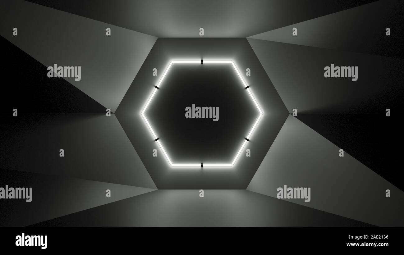 Abstract geometry lit by a neon white hexagonal lamp. Soft shadows. 3D ...