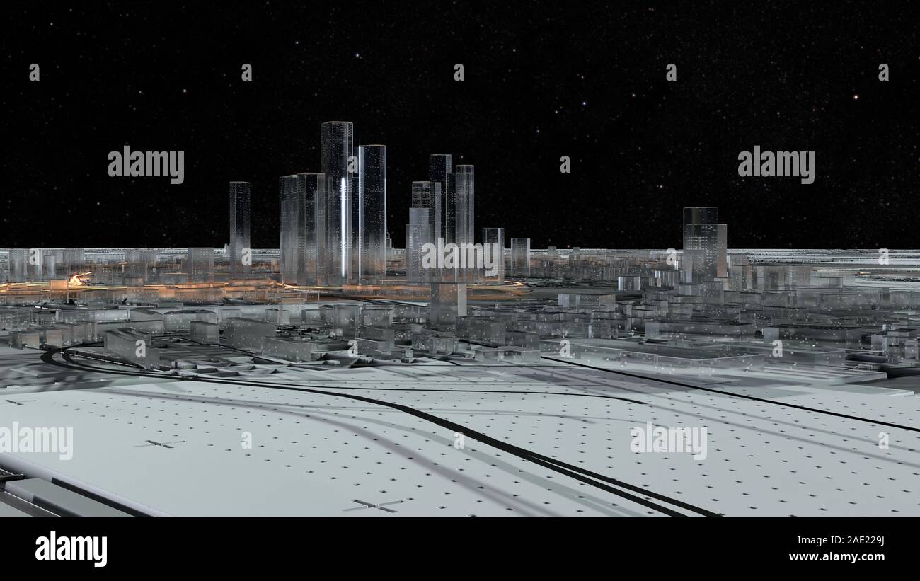 Abstract 3D city of glass with luminous roads on the surface imitating ...