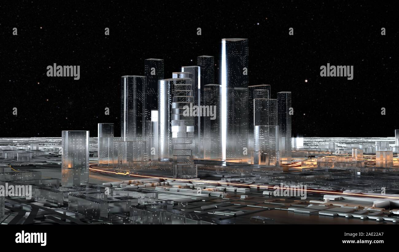Abstract 3D city of glass with luminous roads on the surface imitating ...