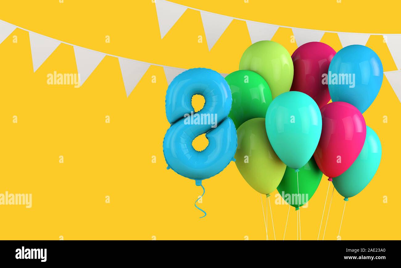 Happy 8th birthday colorful party balloons and bunting. 3D Render Stock ...