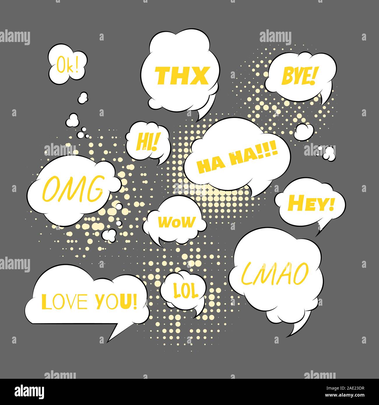 Speech bubbles with different phrases- thx, bye, omg, haha, hi and ...