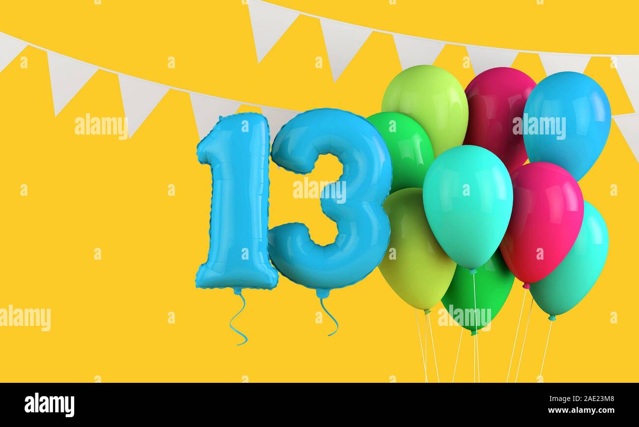 Happy 13th birthday colorful party balloons and bunting. 3D Render ...