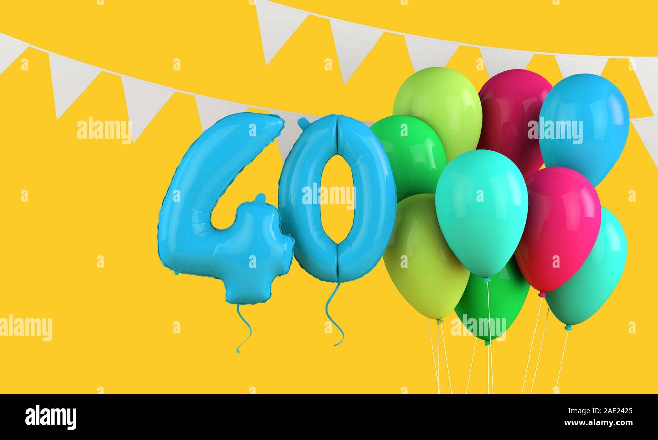 Happy 40th birthday colorful party balloons and bunting. 3D Render ...