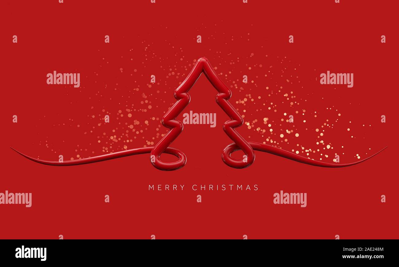 Festive minimal red Christmas tree and glitter background. 3D Render ...