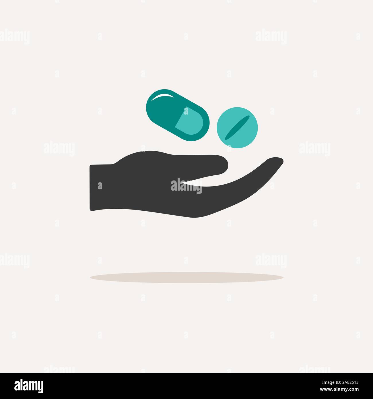Hand and pills. Icon with shadow on a beige background. Pharmacy flat ...