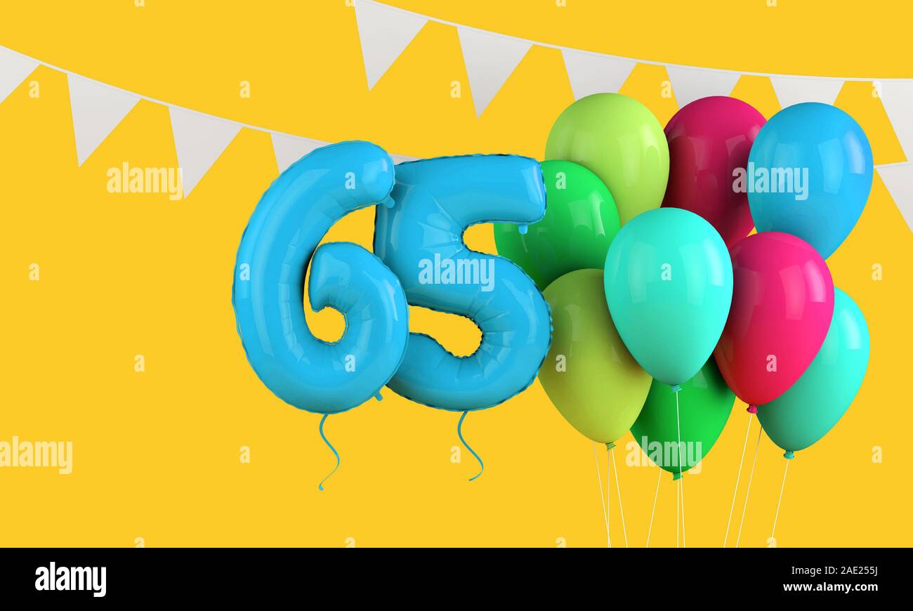 Happy 65th birthday colorful party balloons and bunting. 3D Render ...