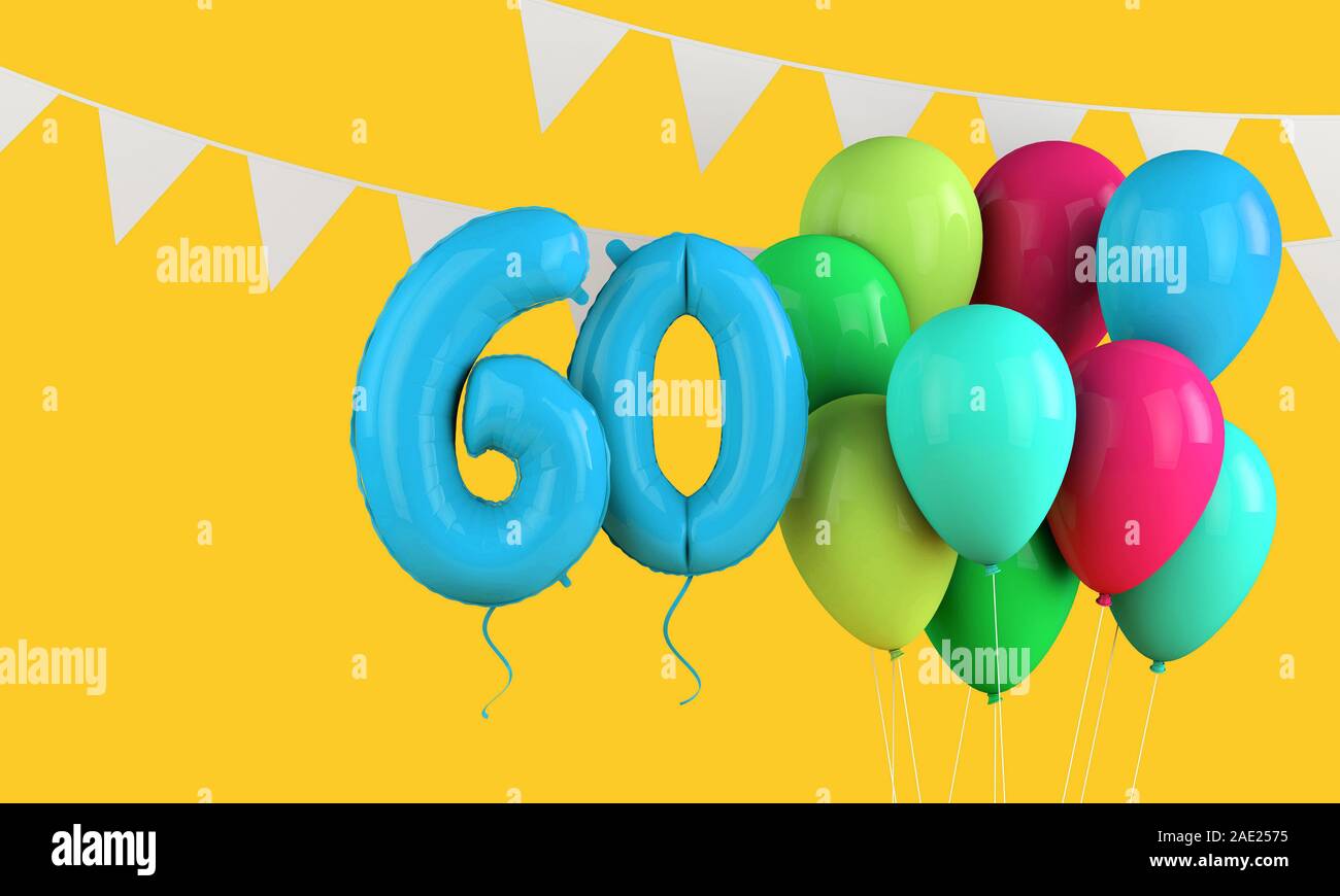 Happy 60th birthday colorful party balloons and bunting. 3D Render ...