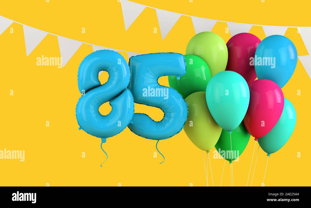Happy 85th birthday colorful party balloons and bunting. 3D Render ...