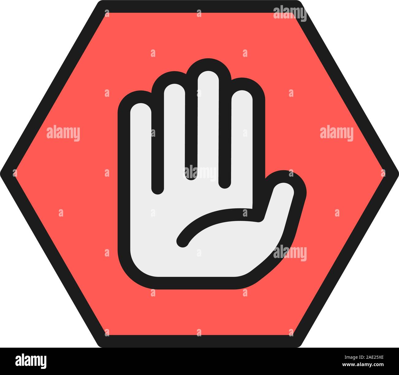 Hand in hexagon, do not touch, no sign allowed flat color line icon ...