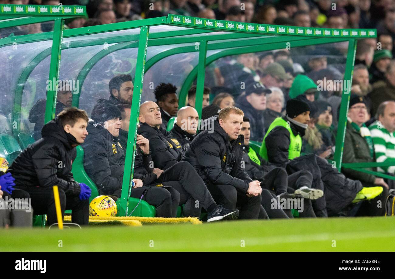 The Celtic management team watch on from the dugout during the Scottish ...