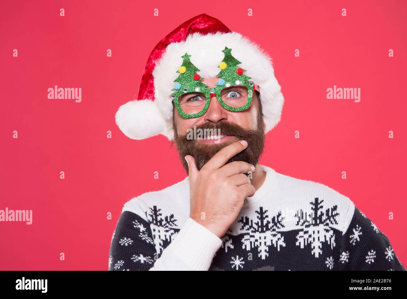 Solution concept. Inspired face. Happy bearded man with santa look ...