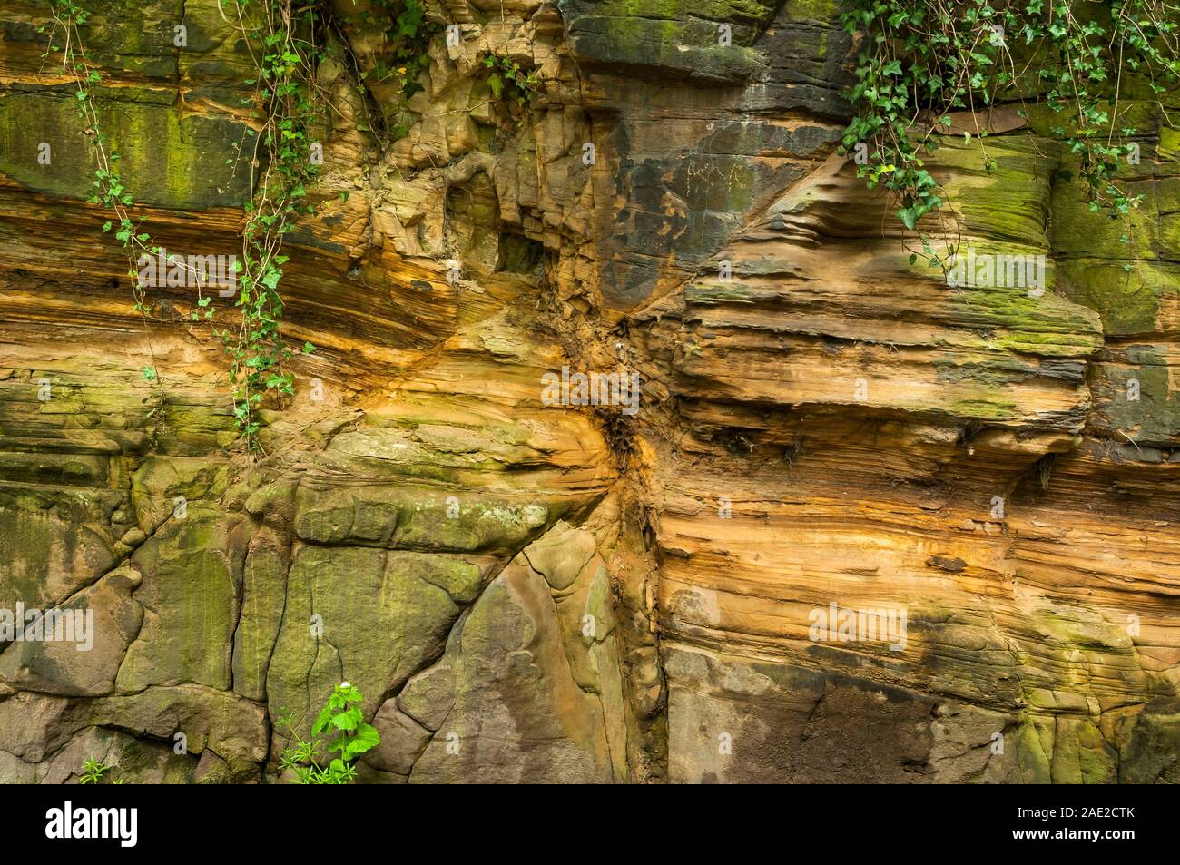 Exposed fluvial sandstone beds cut through by a road near Rotherham ...