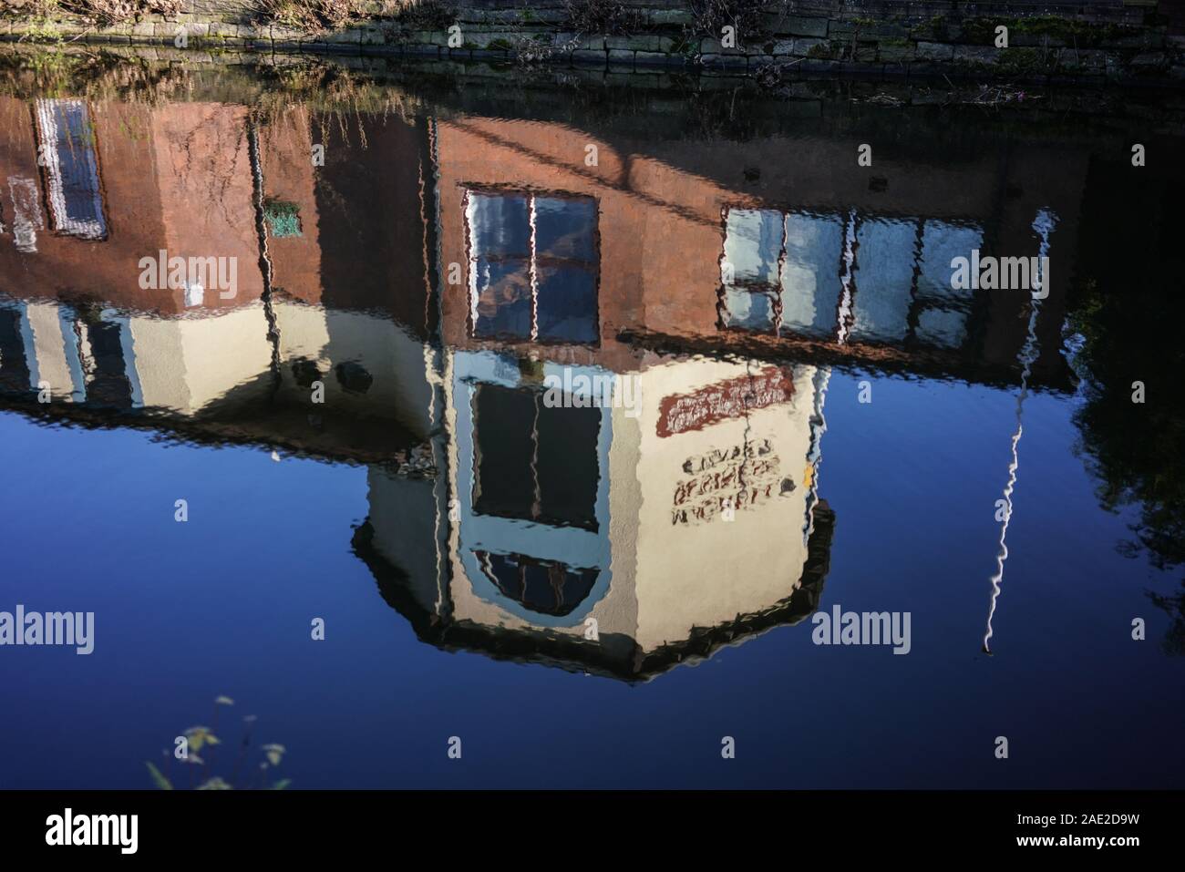 Maghull, Merseyside ,UK Canal . Back of shops on Leeds Liverpool canal ...