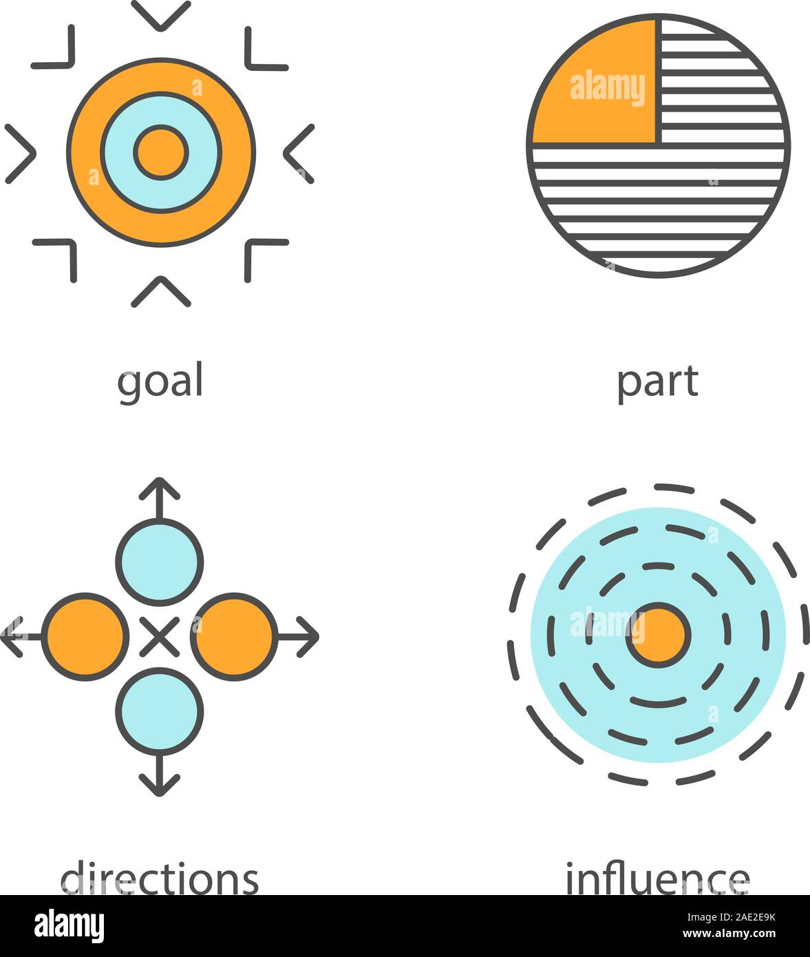 Abstract symbols color icons set. Goal, part, directions, influence ...