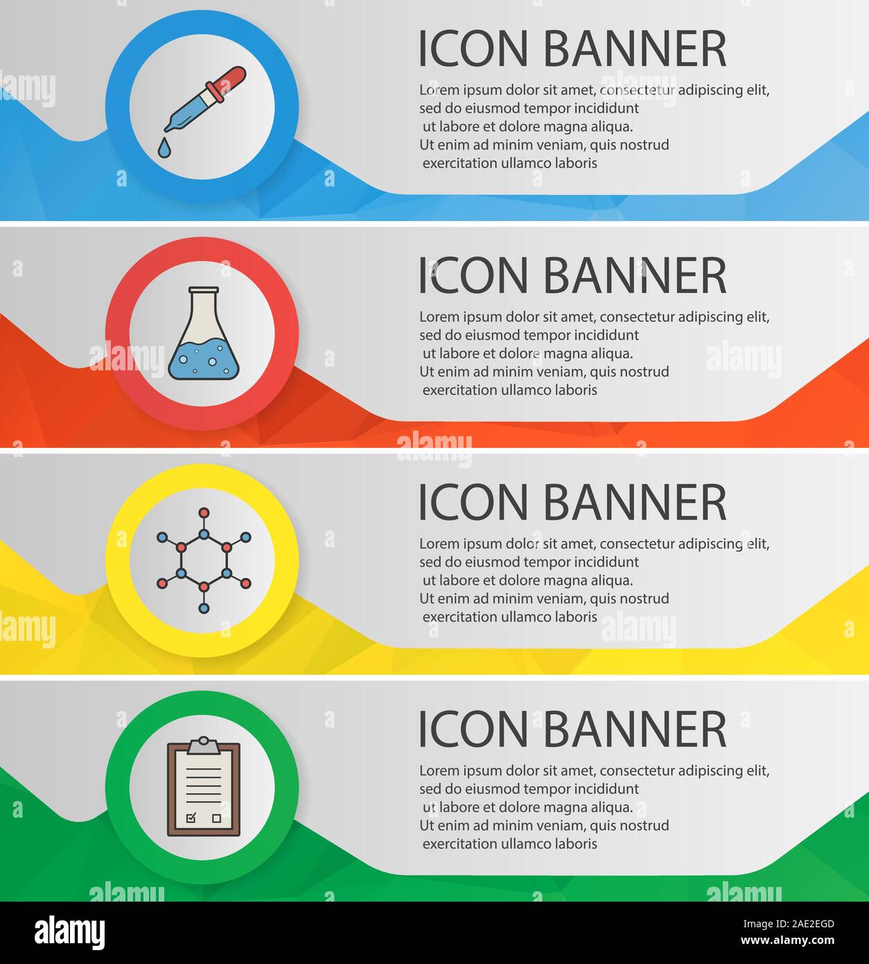 Chemical lab banner templates set. Pipette with drop, beaker with ...