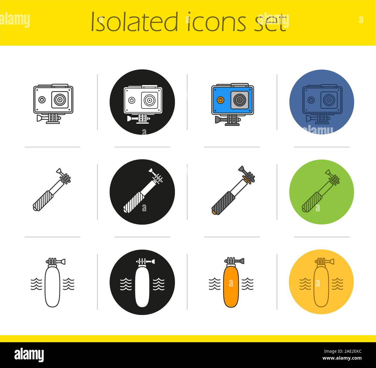Action camera icons set. Linear, black and color styles. Floating grip ...