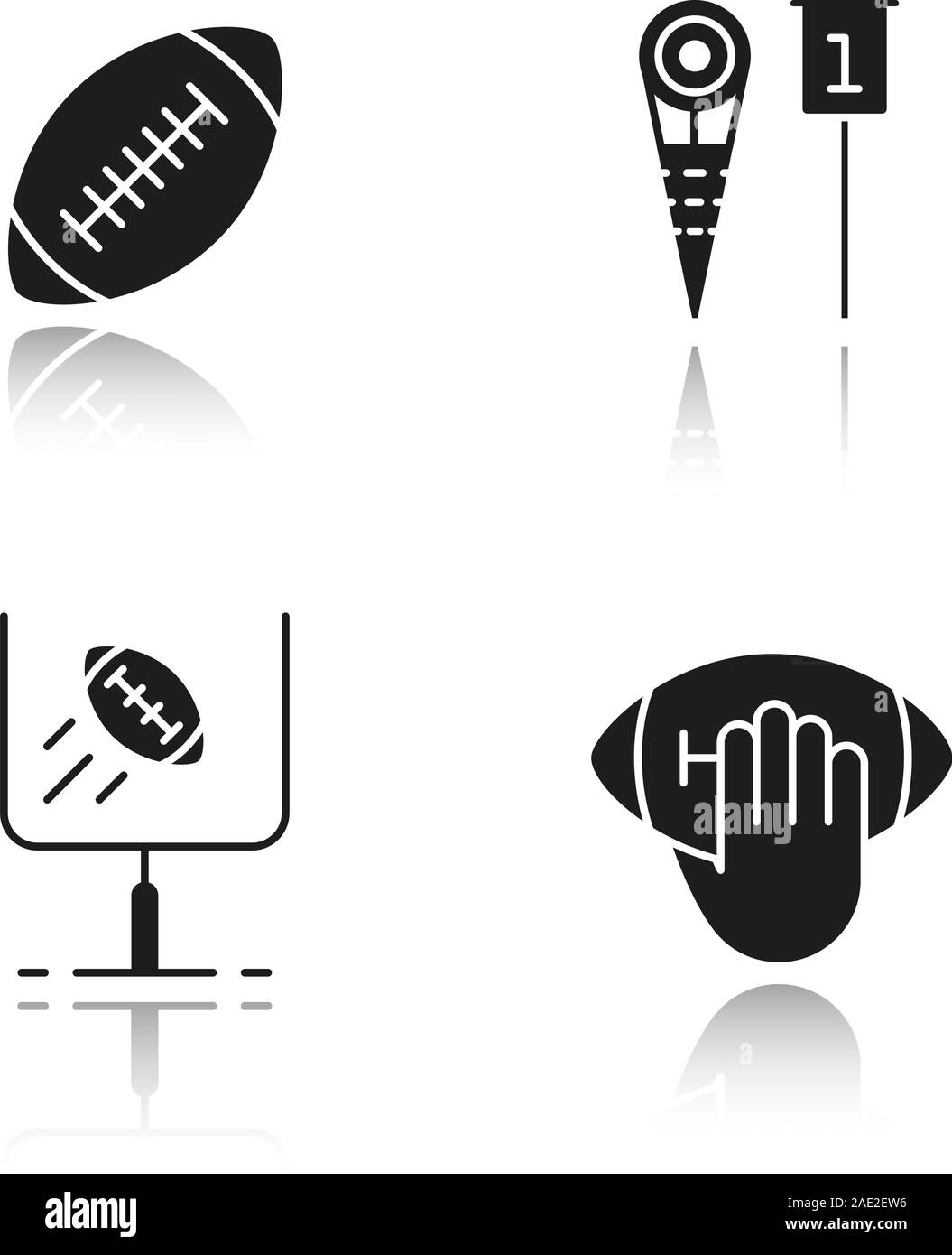 American football drop shadow black icons set. Hand holding rugby ball ...