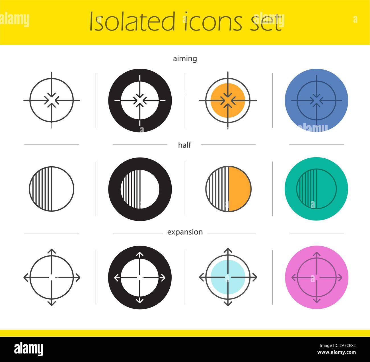 Abstract symbols icons set. Linear, black and color styles. Aiming ...
