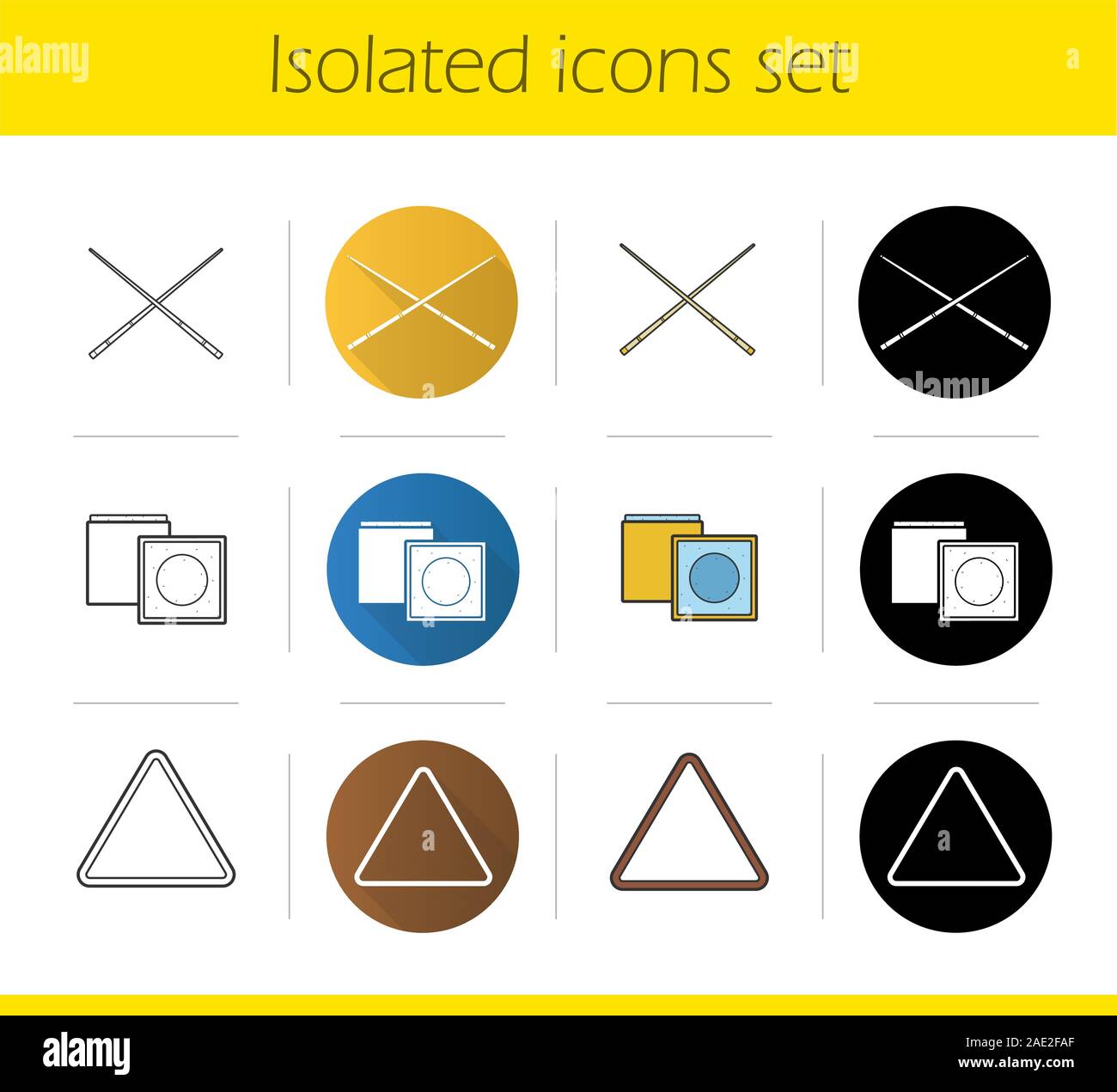 Billiard icons set. Flat design, linear, black and color styles. Chalks, cues, triangle ball ...