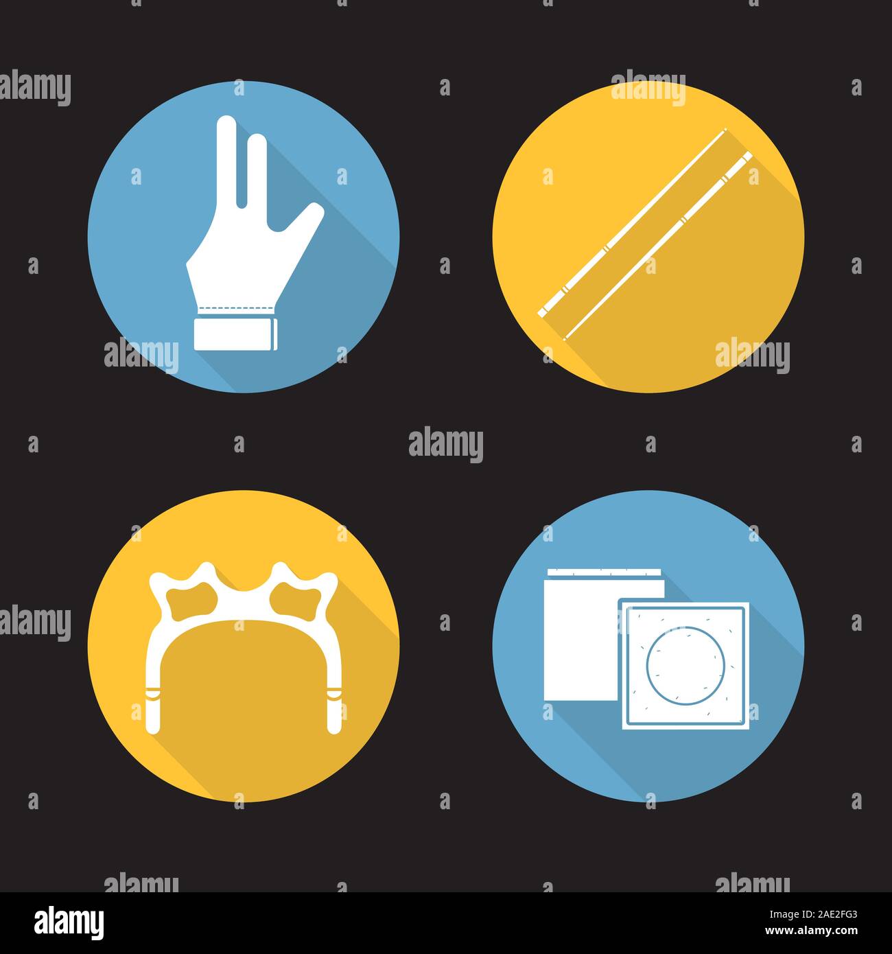 Billiard accessories flat design long shadow icons set. Pool equipment ...