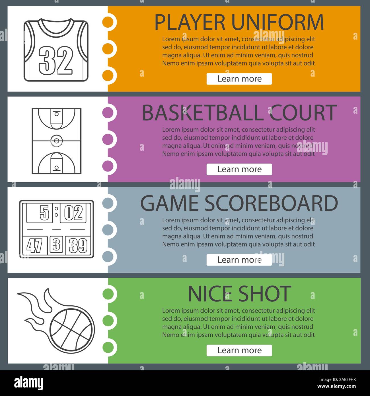 Basketball banner templates set. Shirt, court, scoreboard, burning ball ...