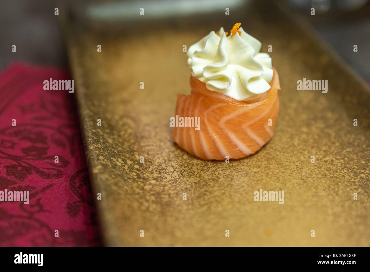 Sushi, a typical Japanese food prepared with a base of rice and various ...