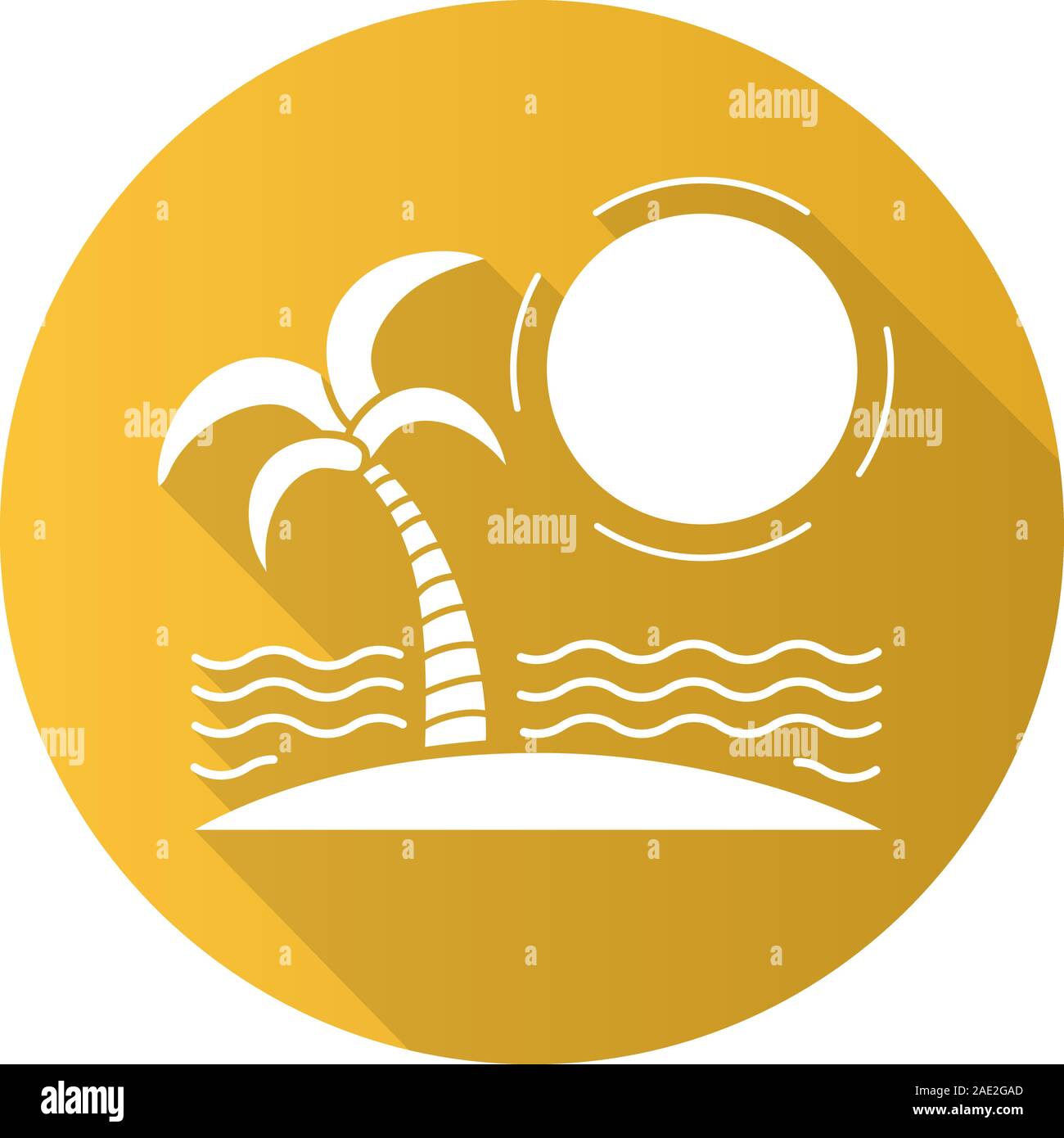 Tropical island flat design long shadow icon. Seashore with sun, waves ...