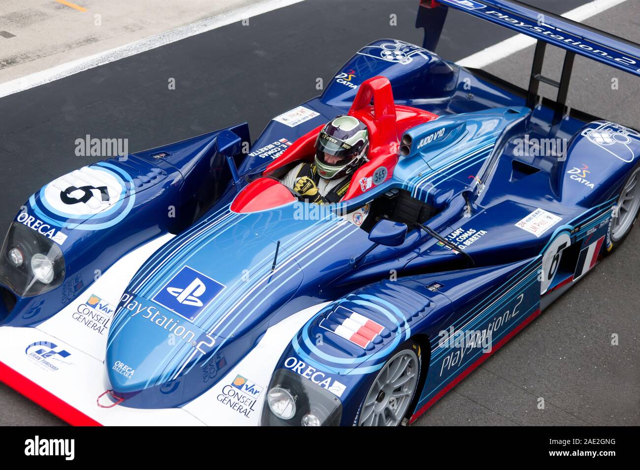 Aerial view of a 2001, Dallara SP1 exiting the pit lane during the ...