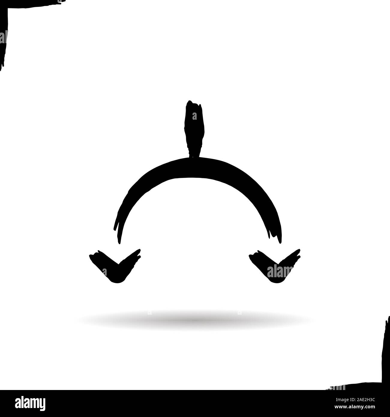 Two connected facing down arrows. Drop shadow symbol. Ink brush stroke ...