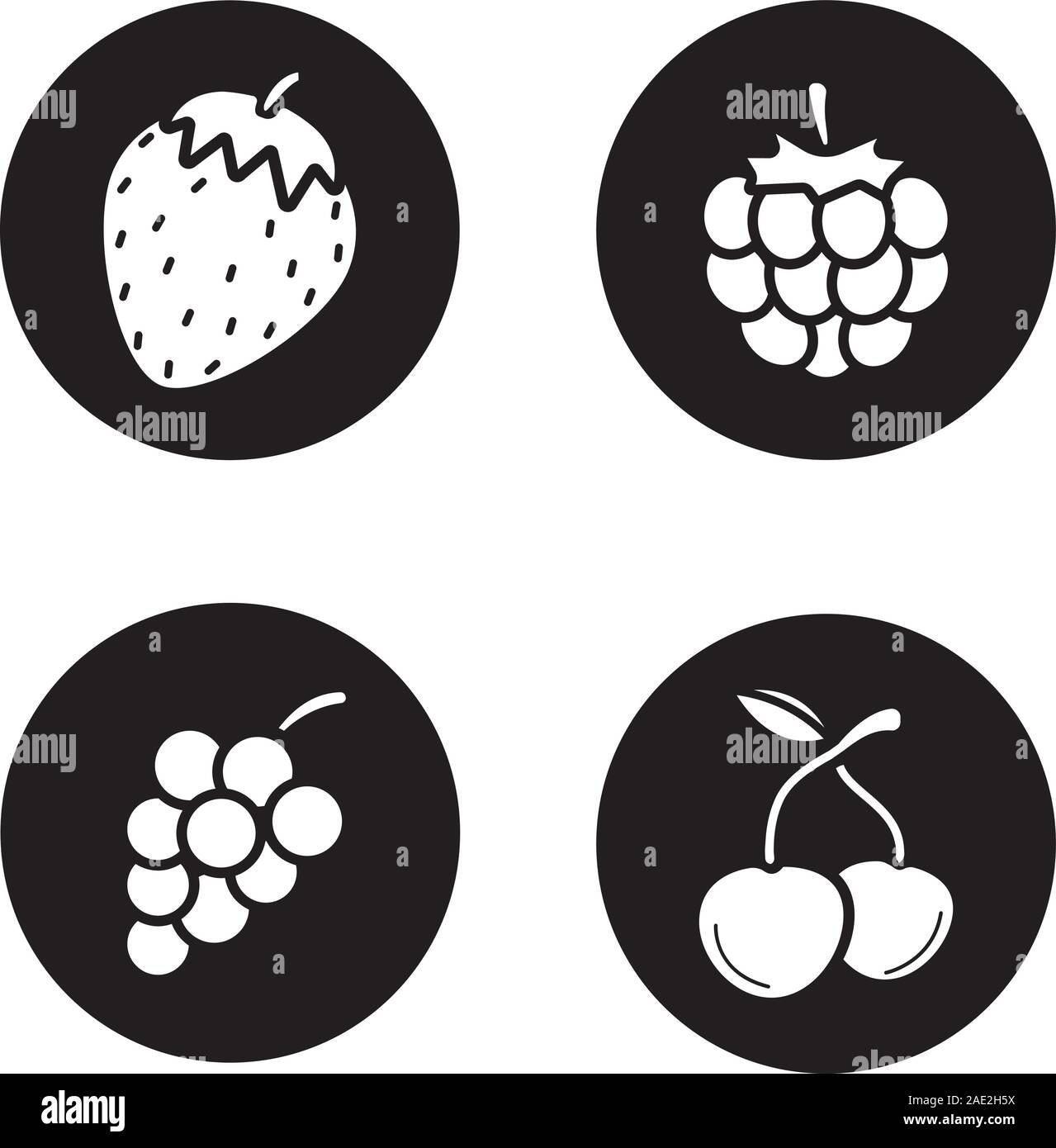 Berries icons set. Strawberry, two cherries, raspberry, bunch of grapes ...