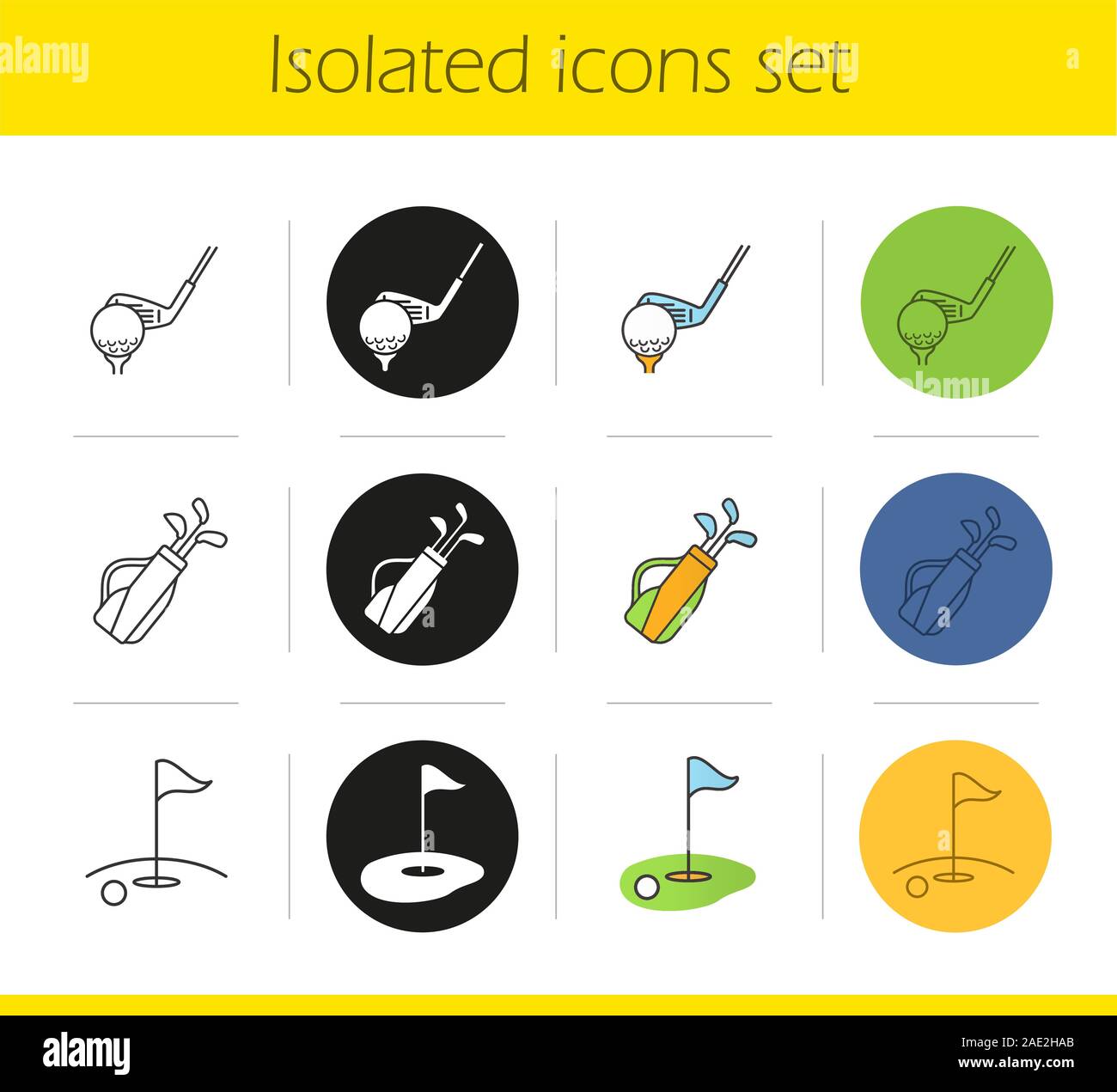 Golf Icons Set Linear Black And Color Styles Golf Clubs In Bag Ball