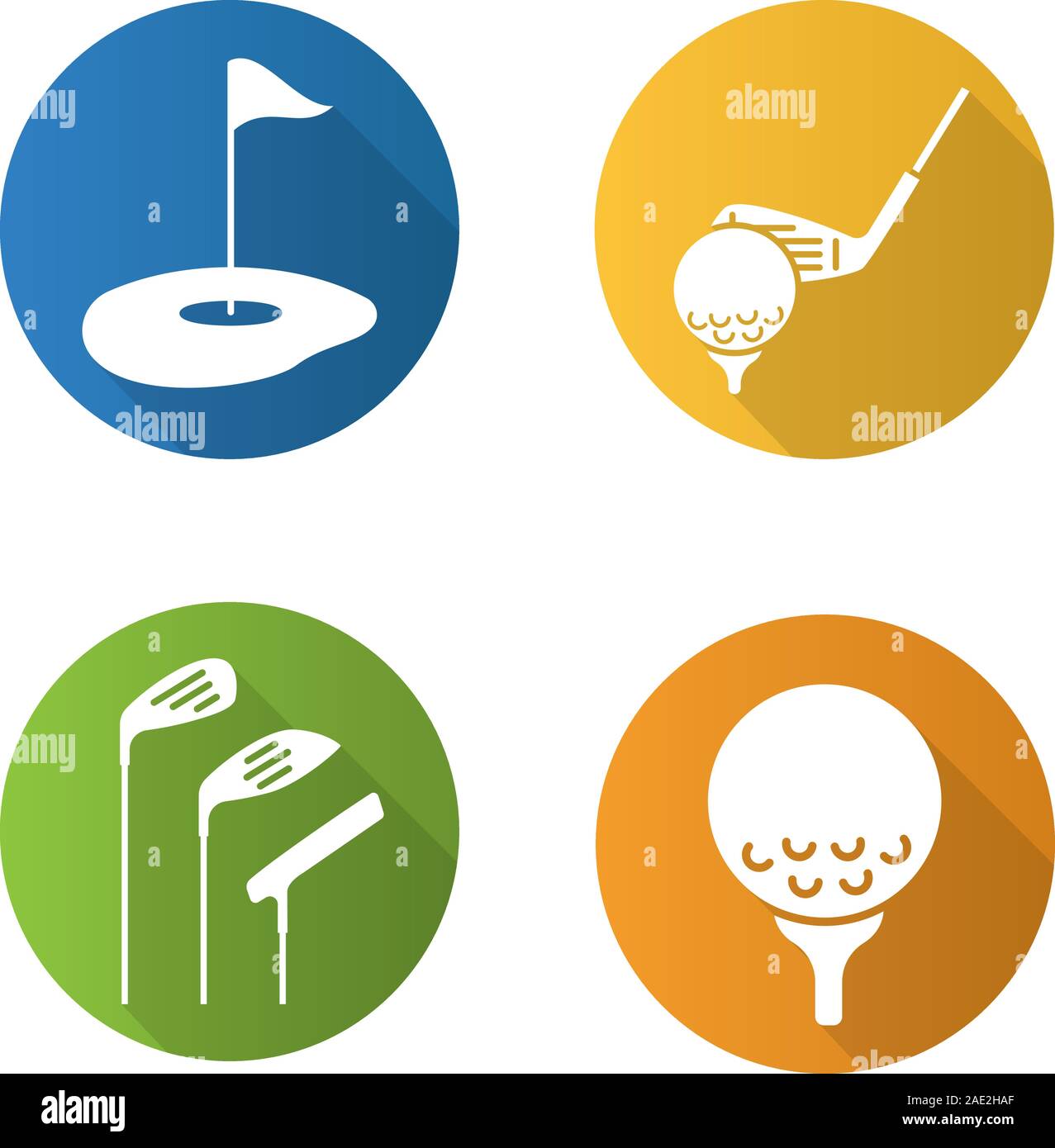 Golf flat design long shadow icons set. Golf course, clubs, ball on tee ...