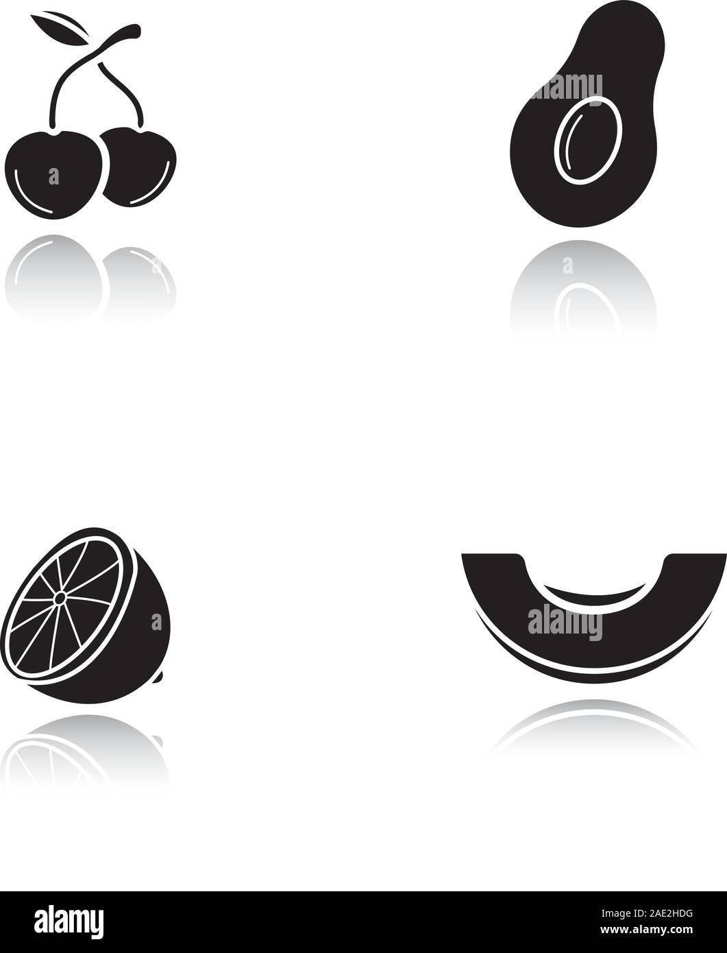 Fruit drop shadow black icons set. Berries, avocado, lemon, melon ...