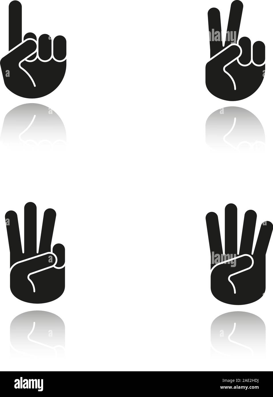 Hand gestures drop shadow black icons set. One, two, three and four ...