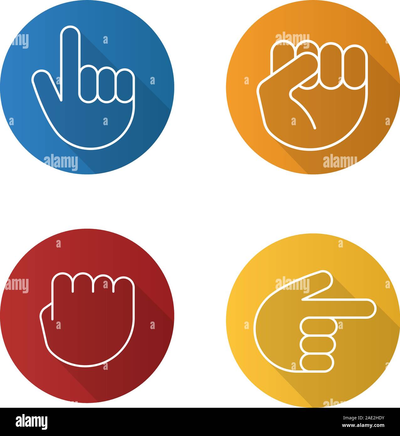 Hand gestures flat linear long shadow icons set. Squeezed and raised ...