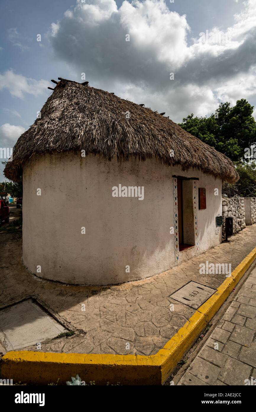 Restored taditional mayan house at town center hi-res stock photography ...
