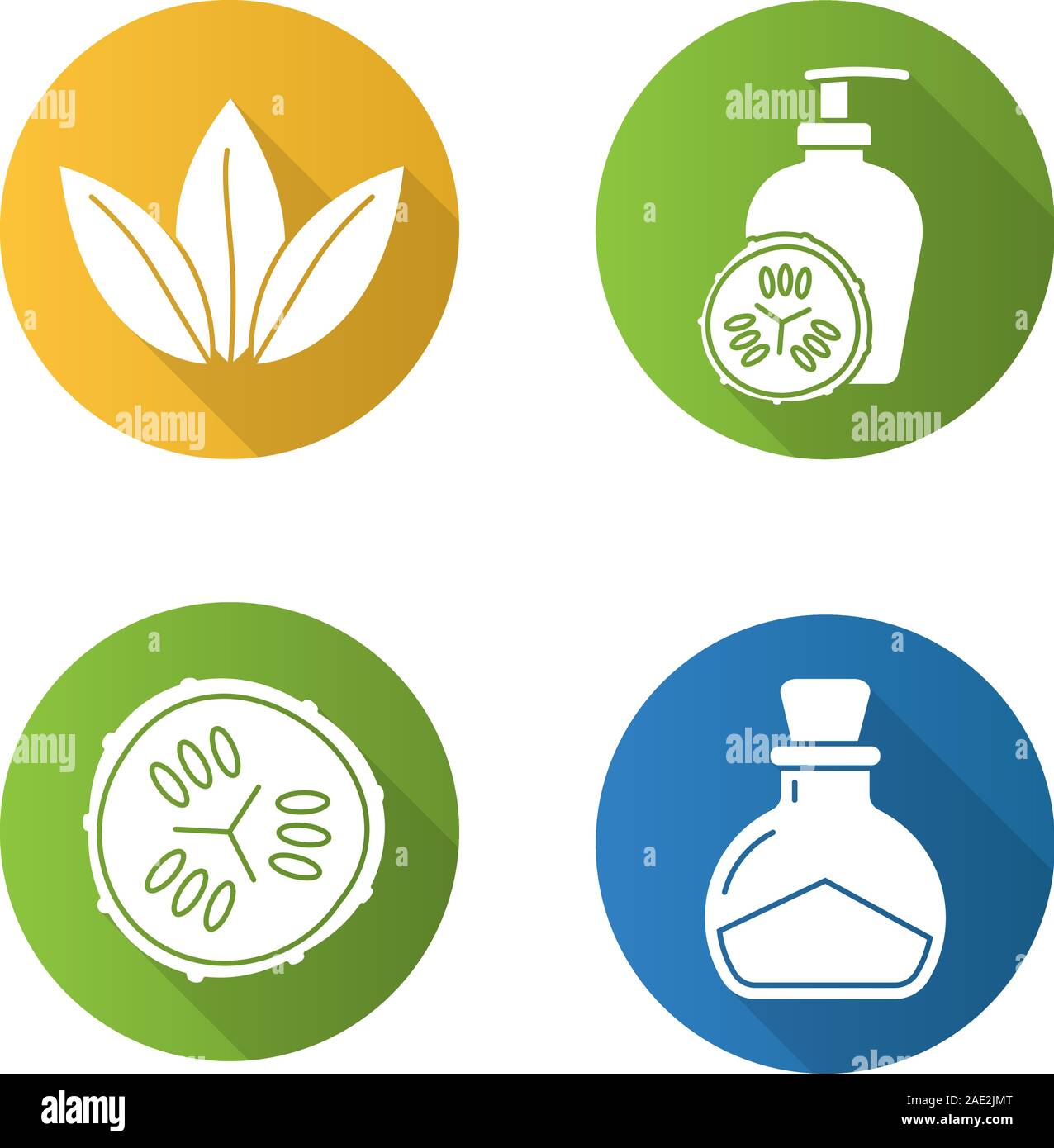 Spa salon flat design long shadow icons set. Cucumber slice and lotion ...