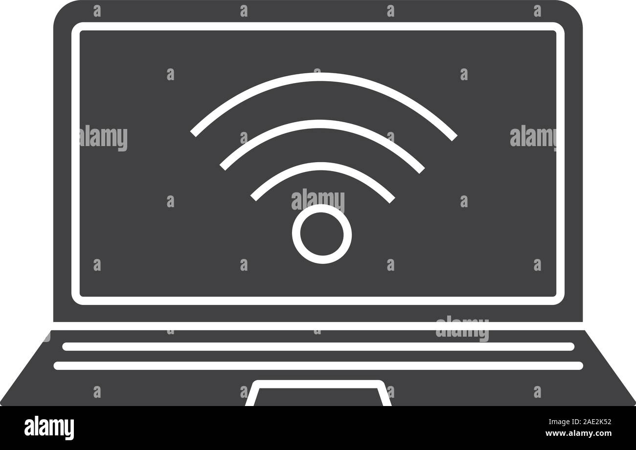 Laptop wifi connection glyph icon. Silhouette symbol. Notebook with wi ...