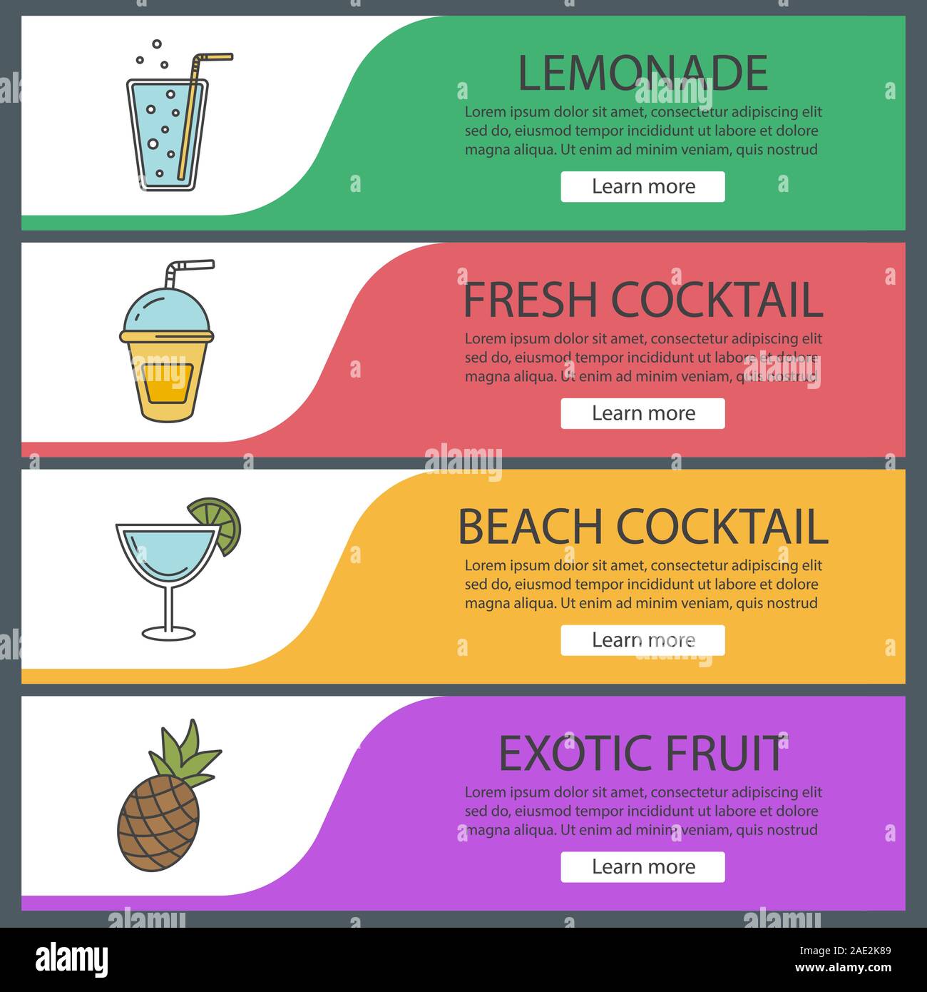 Refreshing drinks banner templates set. Lemonade, cocktails, pineapple ...