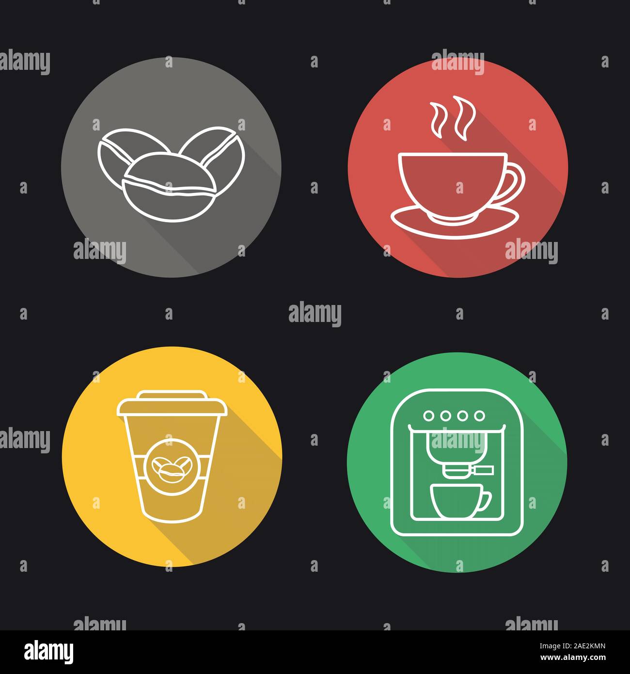 Coffee flat linear long shadow icons set. Roasted coffee beans ...