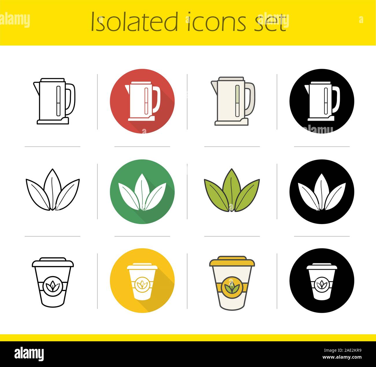 Tea icons set. Flat design, linear, black and color styles. Electric ...