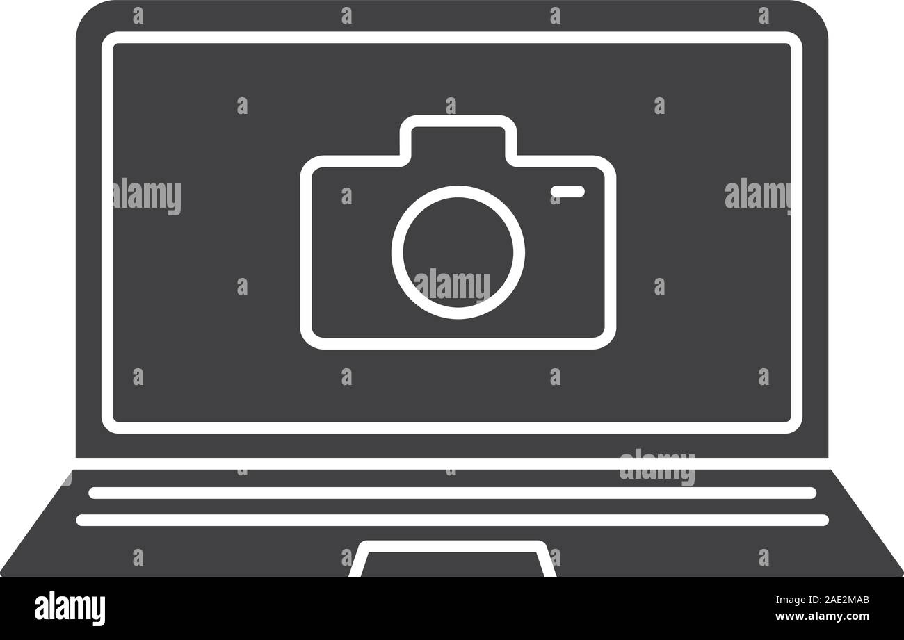 Laptop photocamera glyph icon. Silhouette symbol. Notebook with photo ...