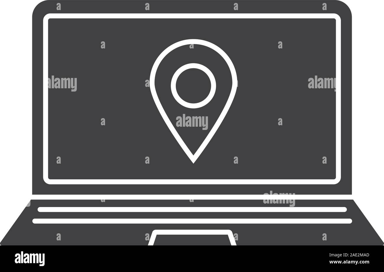 Laptop gps navigation glyph icon. Silhouette symbol. Laptop with map ...