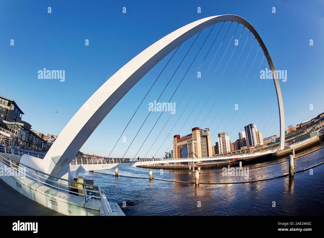 Fish eye shot of the gateshead Millennium Bridge spanning the River ...