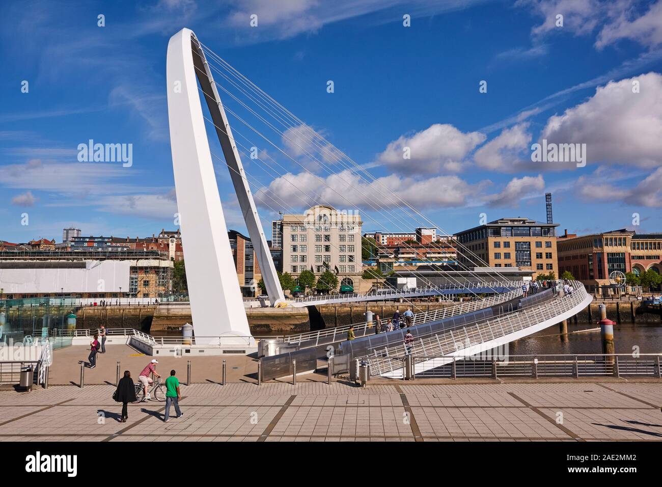 Elevated view of the Gateshead Millennium Bridge spanning the River ...