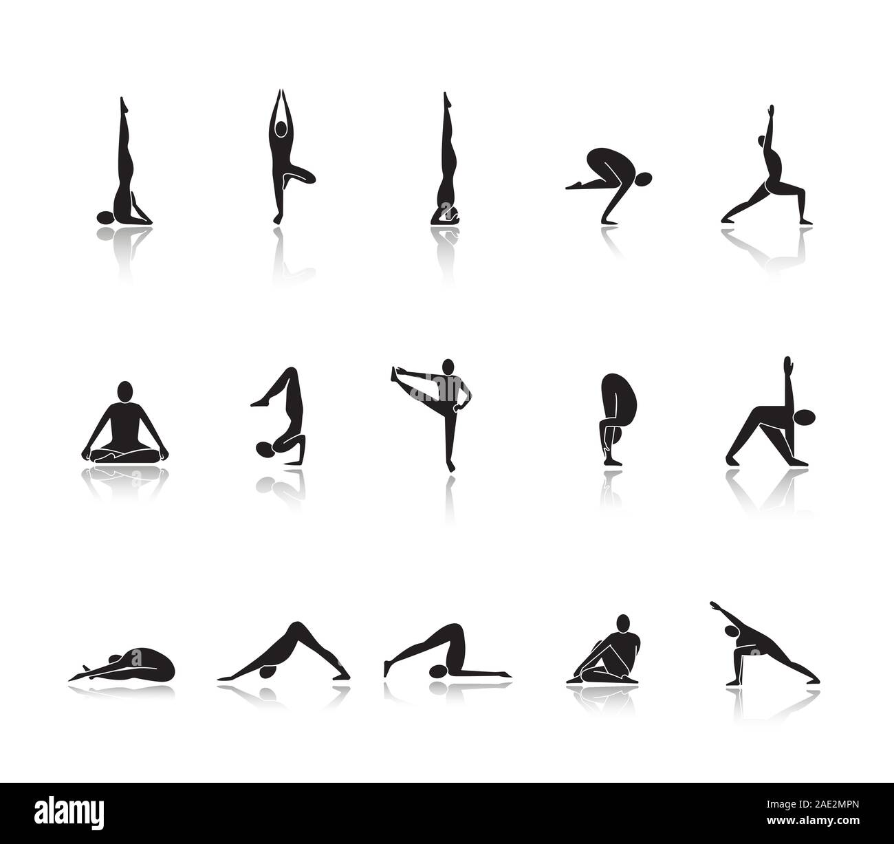 Yoga asanas drop shadow black icons set. Sarvangasana, halasana ...