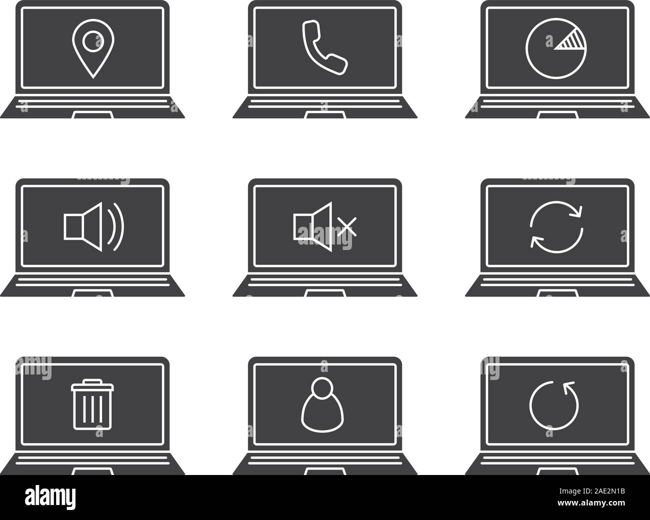 Laptops glyph icons set. Silhouette symbols. Laptops with gps pinpoint ...