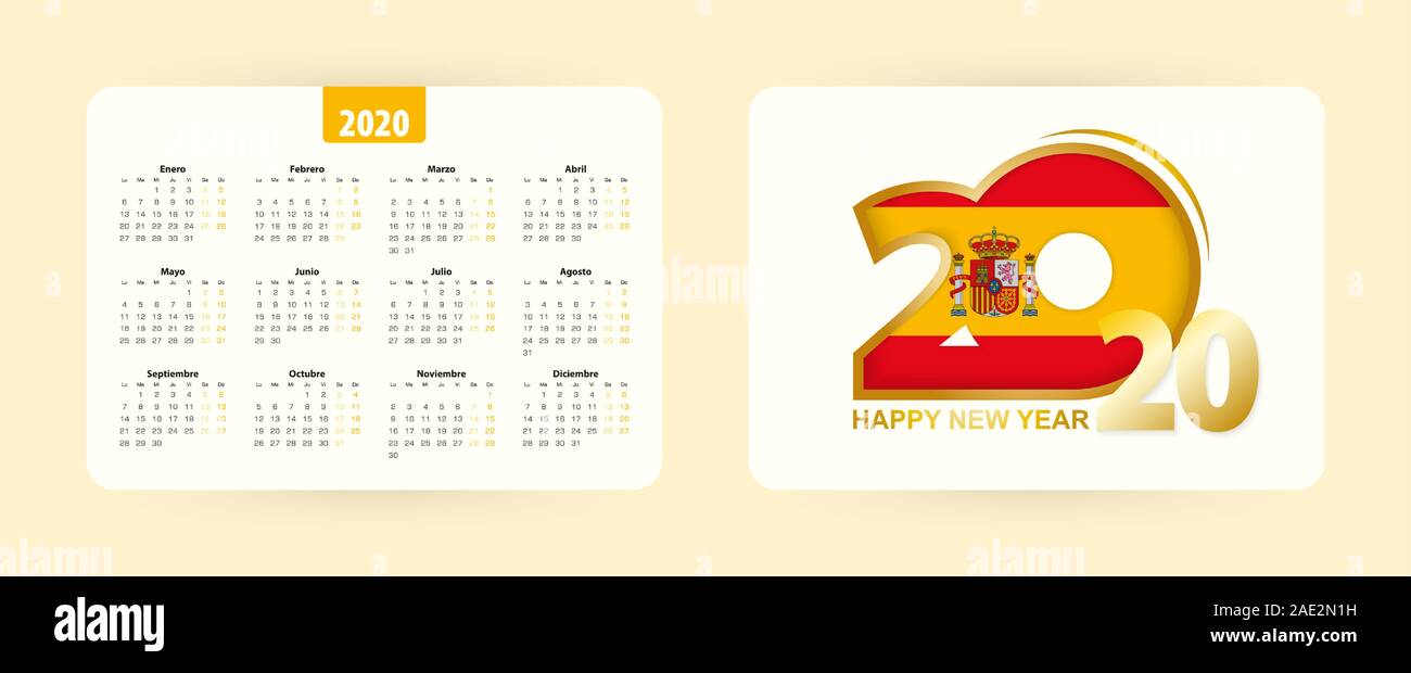 Spanish pocket calendar 2020. Happy new 2020 year icon with flag of ...
